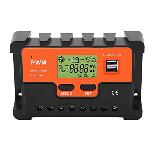 12V/24V PWM Solar Controller - Automatic Identification, LCD Display, 10A Solar Charge Controller with 2 USB 5V Output - 28AWG to 10AWG