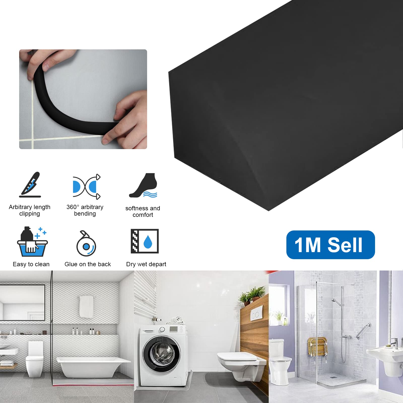 Shower water guard, Self adhesive shower water dam right angle water stopper shower Collapsible, Corner Water Strip Dam for Countertop to keep water Inside 0.71''Hx 0.86''W (39inch, black)