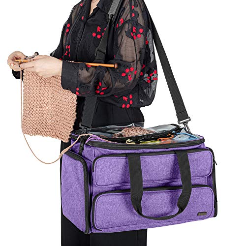 YARWO Knitting Bag, Yarn Storage Organizer Tote for Knitting Needles(Up to 14β), Crochet Hooks, Circular Needles, Projects and Skeins of Yarn, Purple (Bag Only)