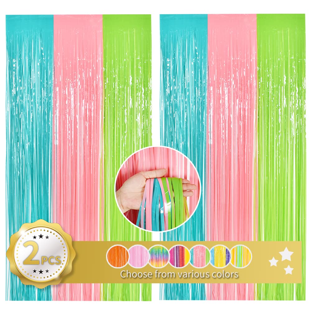 BEISHIDA 2Pcs Blue Pink Green Door Streamers Pastel Colors Foil Fringe Curtains Photo Backdrop for Wedding Party Birthday Stage Bridal Shower Decor(3.28 ft x 6.56 ft)