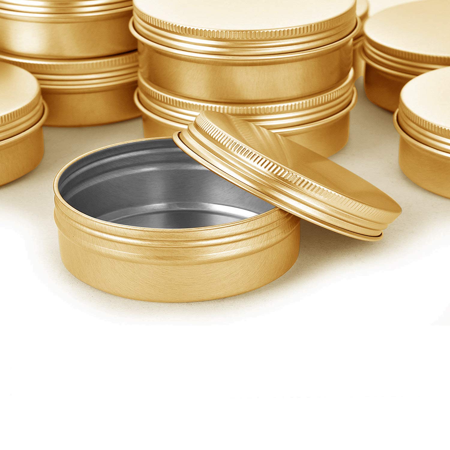 2 Ounce Aluminum Tin Jar Refillable Containers 60 ml Aluminum Screw Lid Round Tin Container Bottle for Cosmetic, Lip Balm, Cream, 20 Pcs Gold