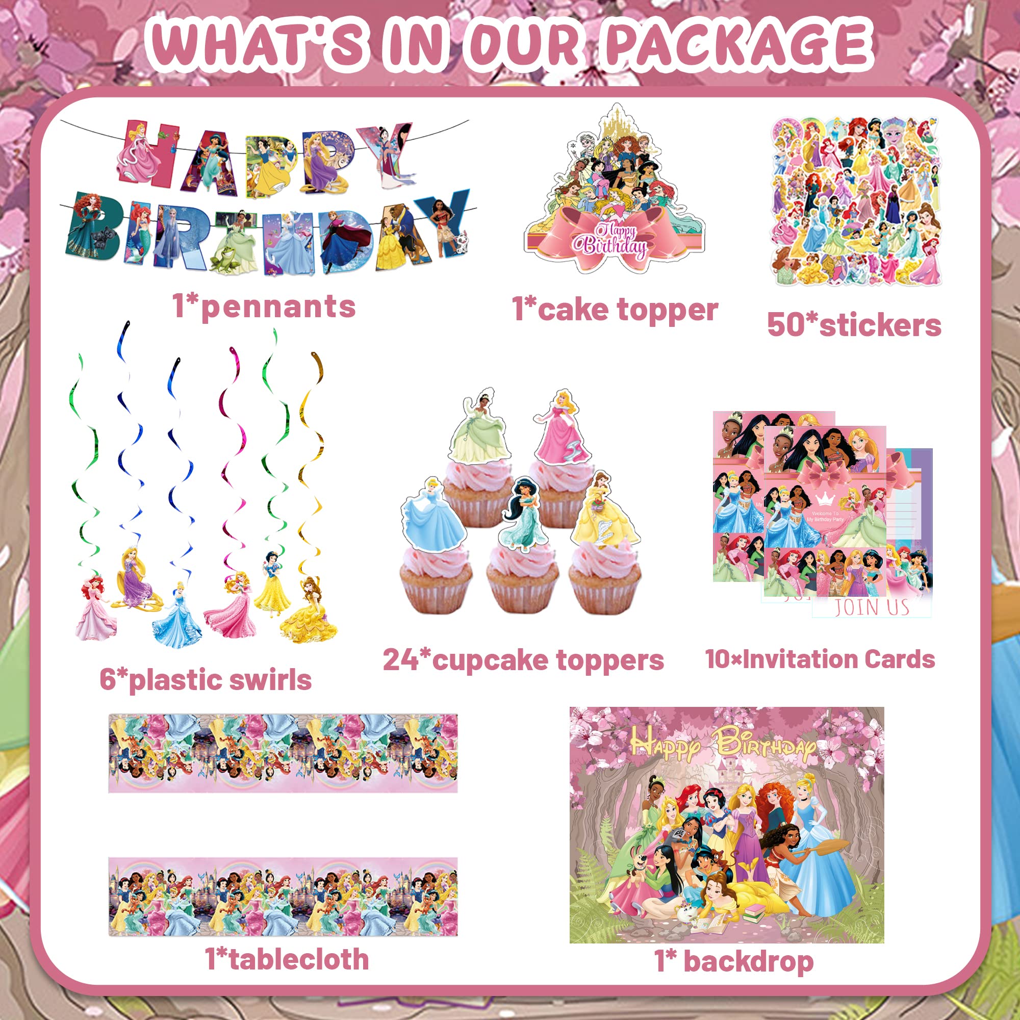 162pcs Princess Birthday Decoration For Girls,With Balloon,Cake Toppers, Pennants ,Invitation letter,Stickers, Plastic Swirls, Tableware,Paper Cup,Tablecloth, Backdrop For Girls Theme Party