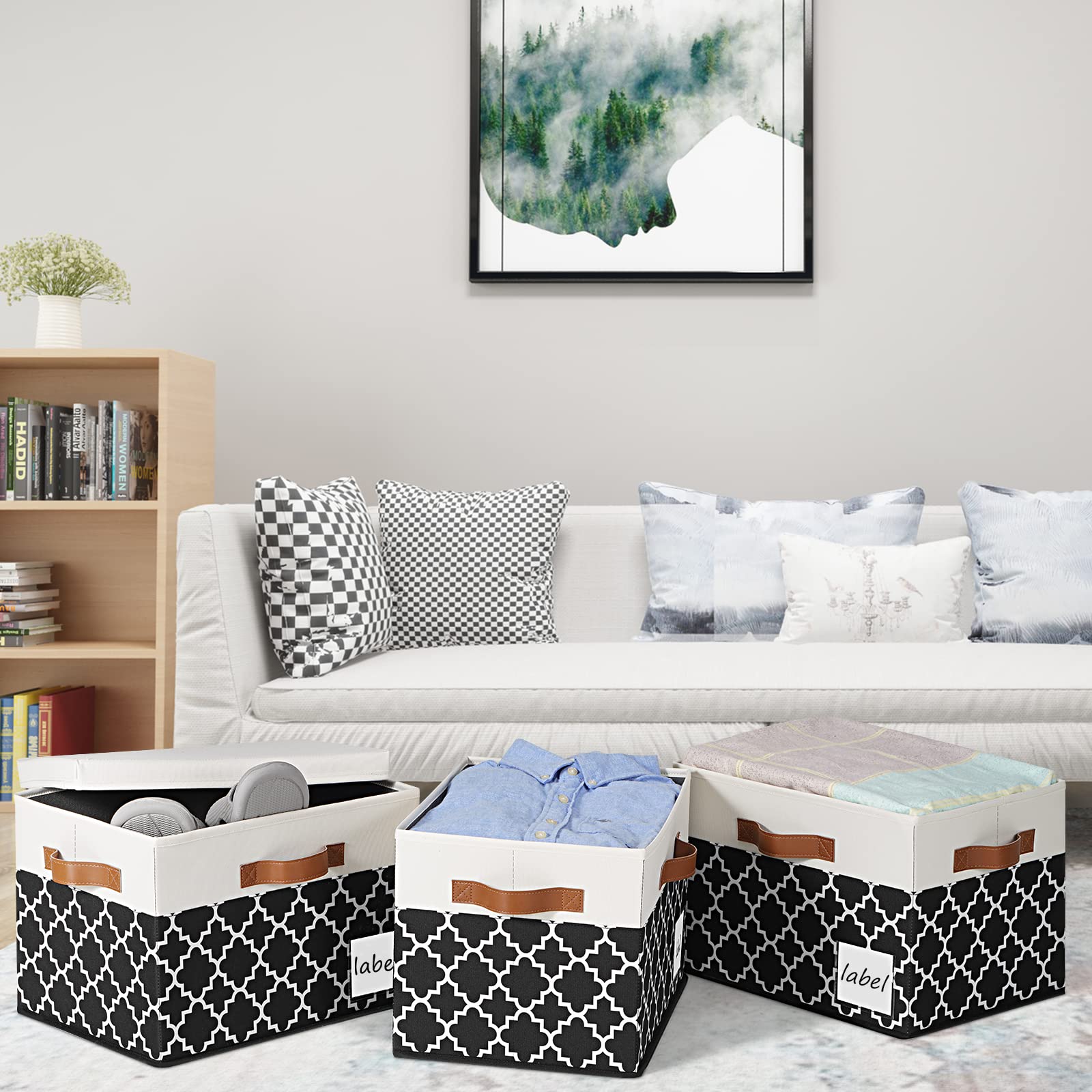 PFFVRP Large Storage Bins with Lids, Foldable Fabric Storage Baskets with Lids 6-Pack, Sturdy Storage Boxes with Labels and 3 PU Handles for Closet Home Bedroom Office (26L, Black Plaid&White)
