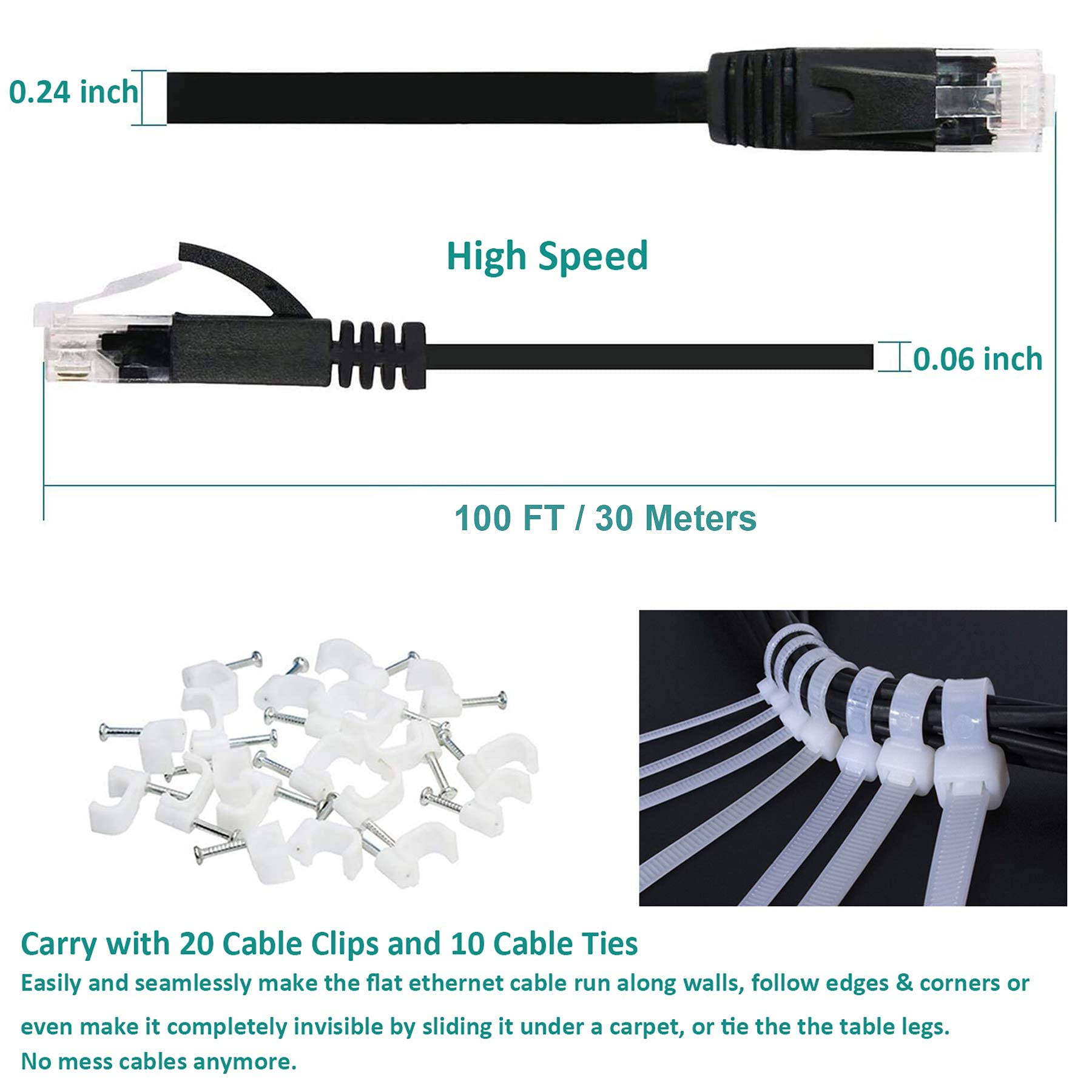 DAYEDZ Ethernet Cable 100 ft 2 Pack Cat 6 Flat Cable Ethernet Cord, Slim Long Cat6 High Speed Computer Router Network LAN Patch Wire with Clips & Rj45,Faster Than Cat5e/Cat5,100 feet White+Black