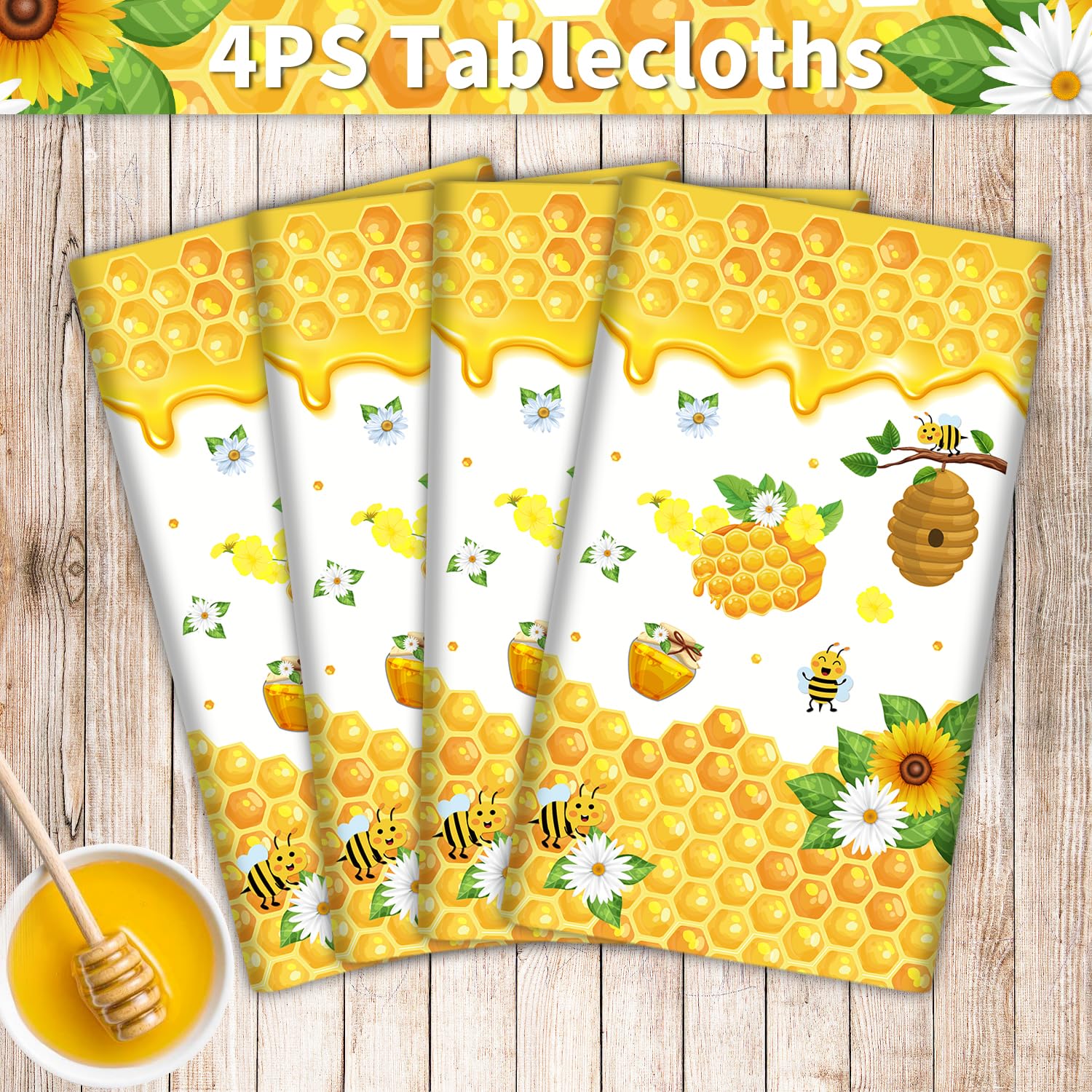 4 Pack Bee Tablecloth Happy Bee Day Tablecloths Rectangle Honey Bees Bumble Table Cover Bee Theme Party Tablecloth for Bee Baby Shower Bee Birthday Party Decorations 51 x 86 Inch