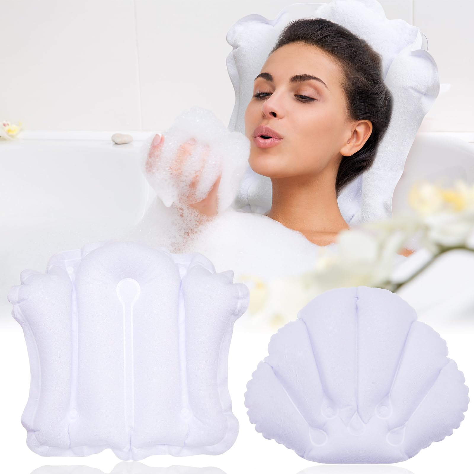 Jetec 2 Pcs White Inflatable Bath Pillow with Suction Cup Bathtub Spa Pillow Neck Support Supplies Shell-Shaped Soft Inflatable Cushion Large Small Size Fits All Tub Pool Bath and Bathroom ﻿