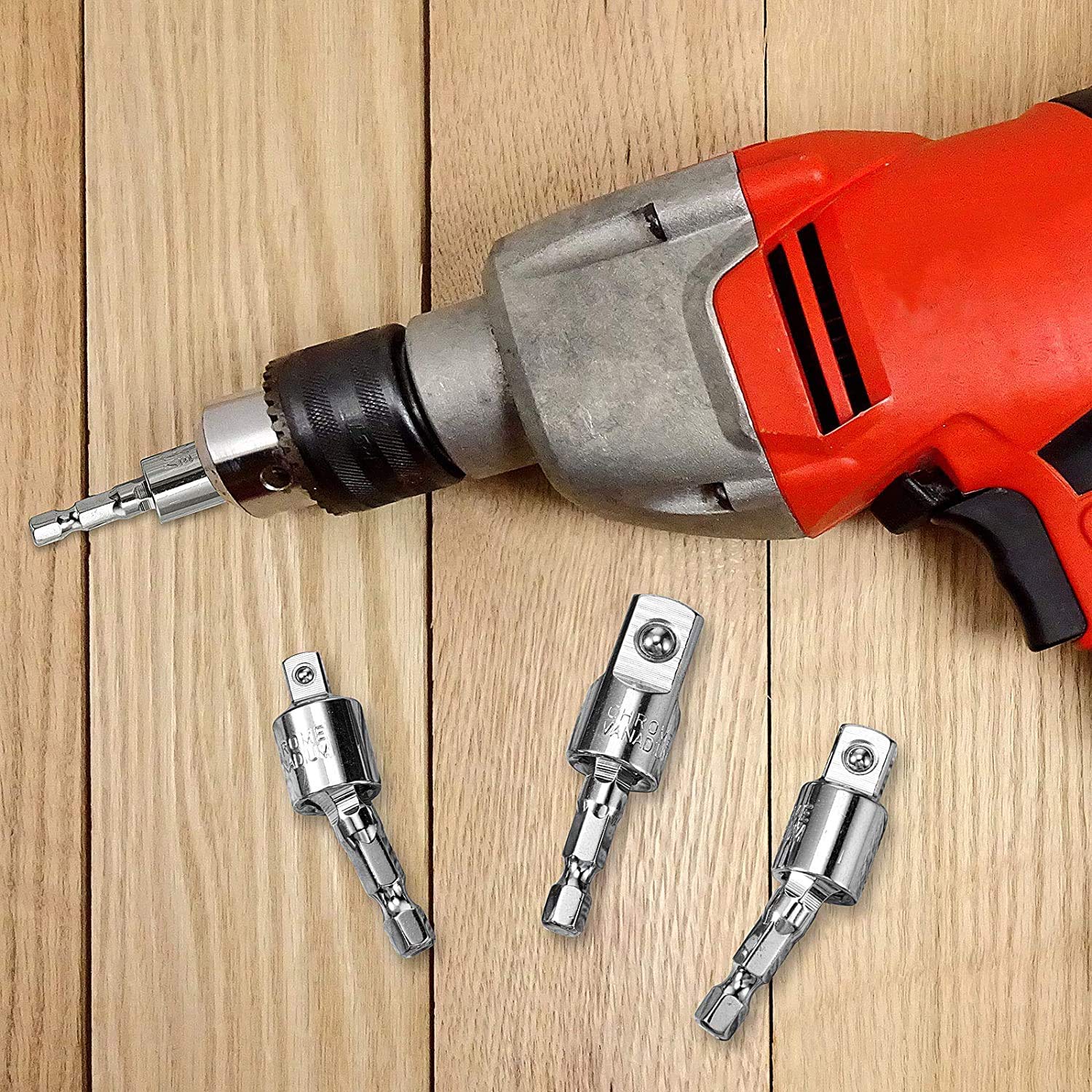 3 Pcs Power Drill Sockets Adapter Sets,360°Rotatable Hex Shank Impact Driver Socket Adapter 1/4" 3/8" 1/2" Impact Driver Adapter and 1Pcs Right Angle Drill 105 Degree Right Angle Screwdriver set Drill