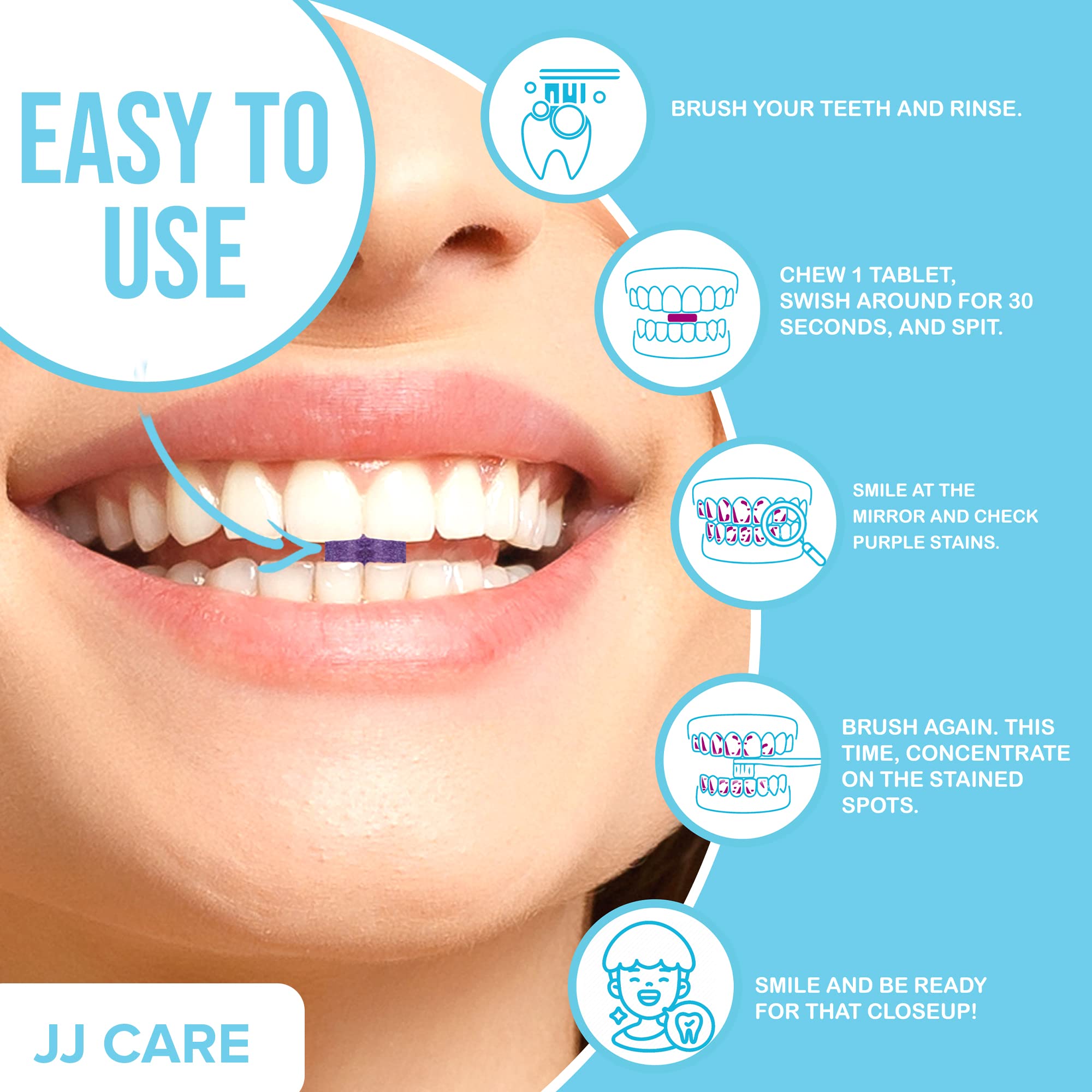 JJ Care Disclosing Tablets - 120 Count of Teeth Coloring Plaque Disclosing Tablets, Berry Flavored Dental Disclosing Tablets for Kids and Adults, Individually Wrapped Plaque Tablets
