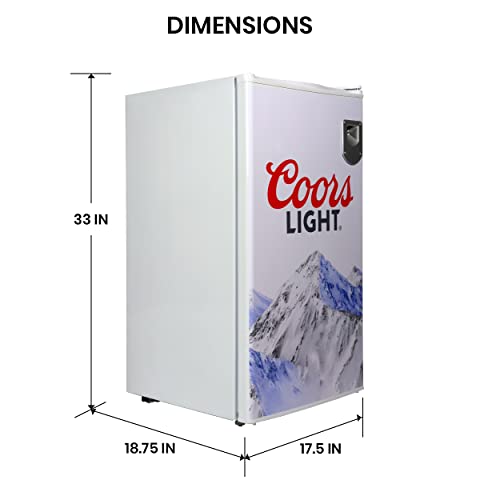 Coors Light Rocky Mountain 3.2 cu ft (90L) refrigerator Compact Fridge Bottle Opener White Space Saving Flat Back Design Reversible Door Adjustable Temperature Control Tempered Glass Shelves Office RV
