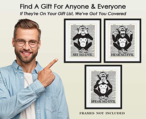 3 Wise Monkeys Dictionary Wall Art Prints: Unique Room Decor for Boys, Men, Girls & Women - Set of Three (8x10) Unframed Pictures - Great Gift Idea