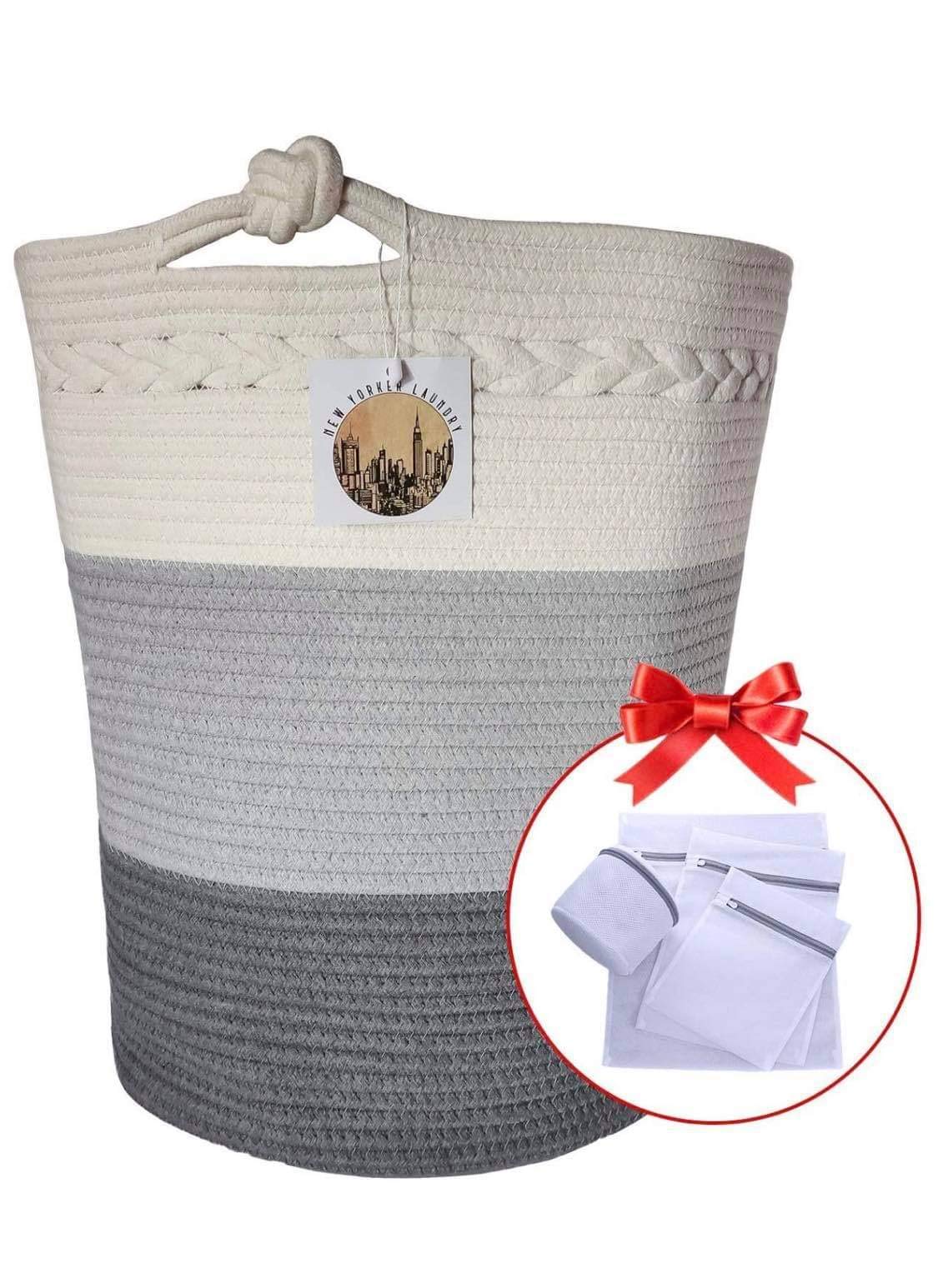 Cotton Rope Basket - 17.8" x 15.8" x 13.8" woven baby laundry basket - Woven Basket Nursery Bin - large baskets for blankets- thread laundry hamper - woven storage basket- rope baskets for organizing