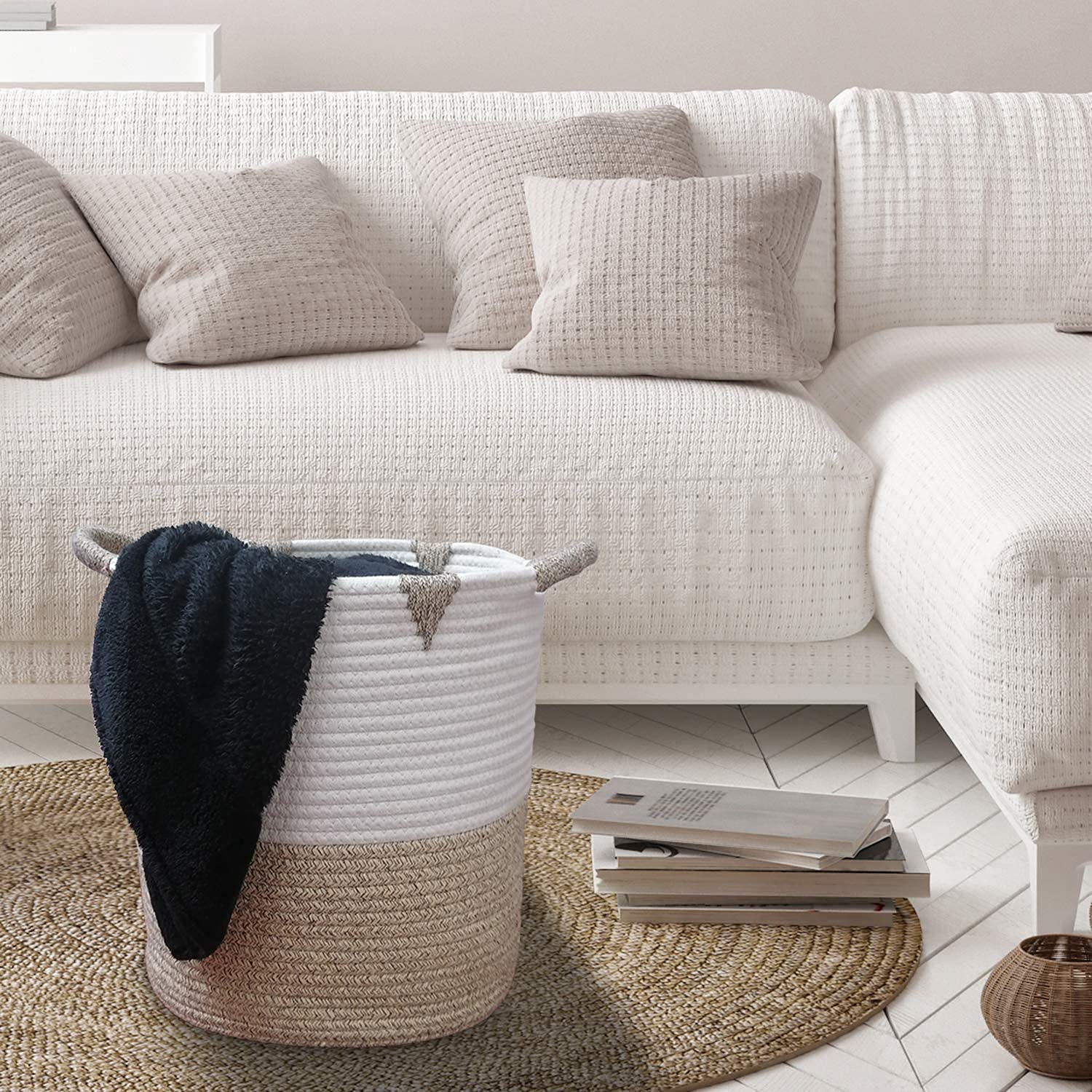 Cotton Rope Woven Storage Basket,2-Pack 12x12x14 Round Organizer Baskets,With Handles Foldable basket For kids& Pets ,Toy, Towels, Blanket ,Clothes.Decorative Basket for Living Room (White&Brown)