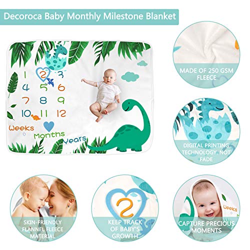 Decoroca Dinosaur Baby Monthly Milestone Blanket - Perfect for Celebrating Your Baby's Growth - Capture Precious Moments Together (50" × 40" with 12 Stickers)
