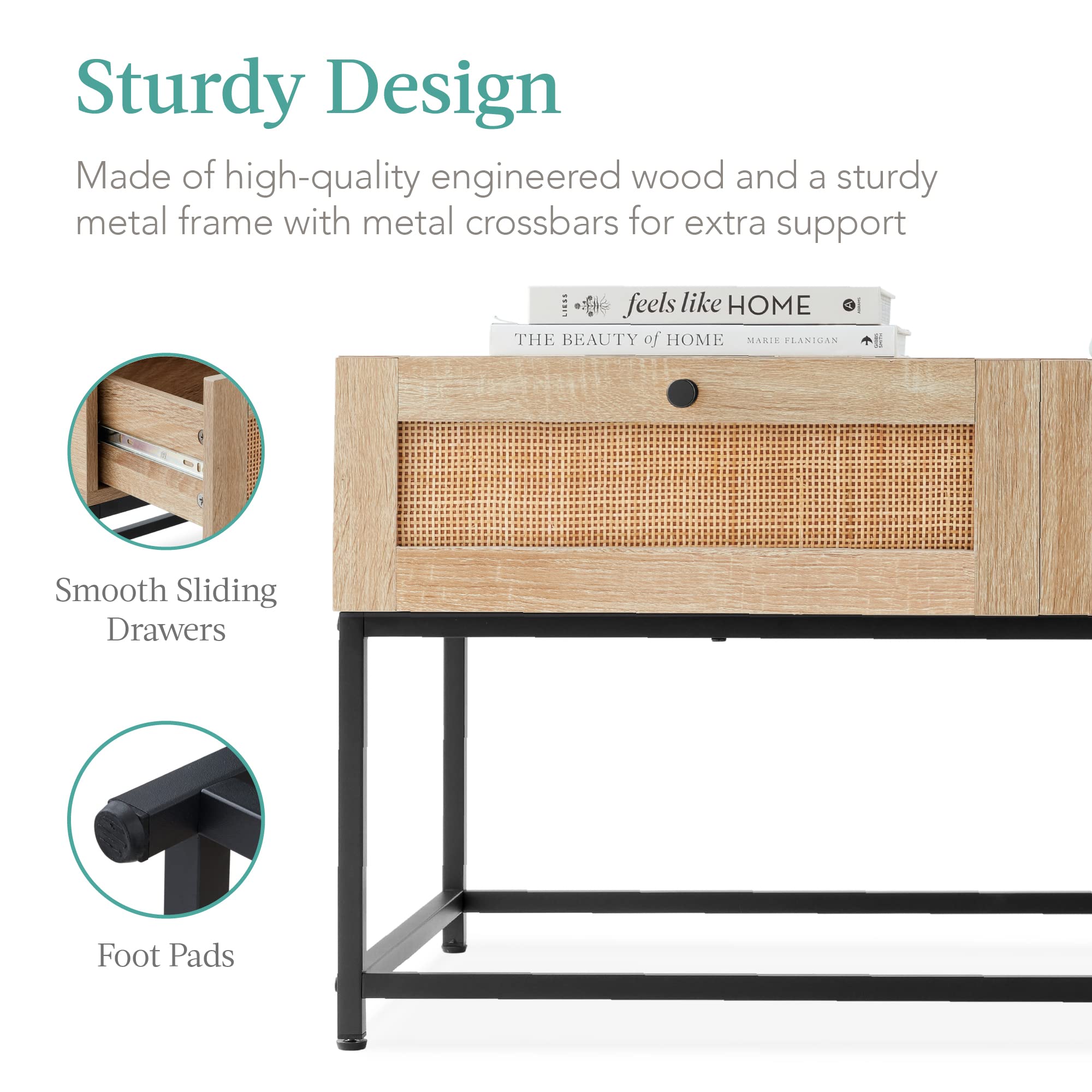 Best Choice Products 39in Rattan Coffee Table, 2-Drawer Modern Boho Home Furniture for Living Room, Bonus Room w/Wicker Storage Compartments, Oak Wood Grain Finish, Metal Frame & Knobs - Light Walnut