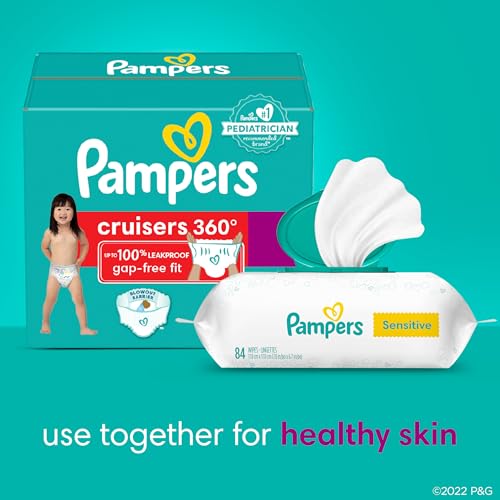 Pampers Easy Ups and Baby Wipes - Pull On Disposable Potty Training Underwear for Girls and Boys, Size 7 (5T-6T), 84 Count, ONE MONTH SUPPLY with Sensitive Wipes, 6X Pop-Top Packs, 336 Count