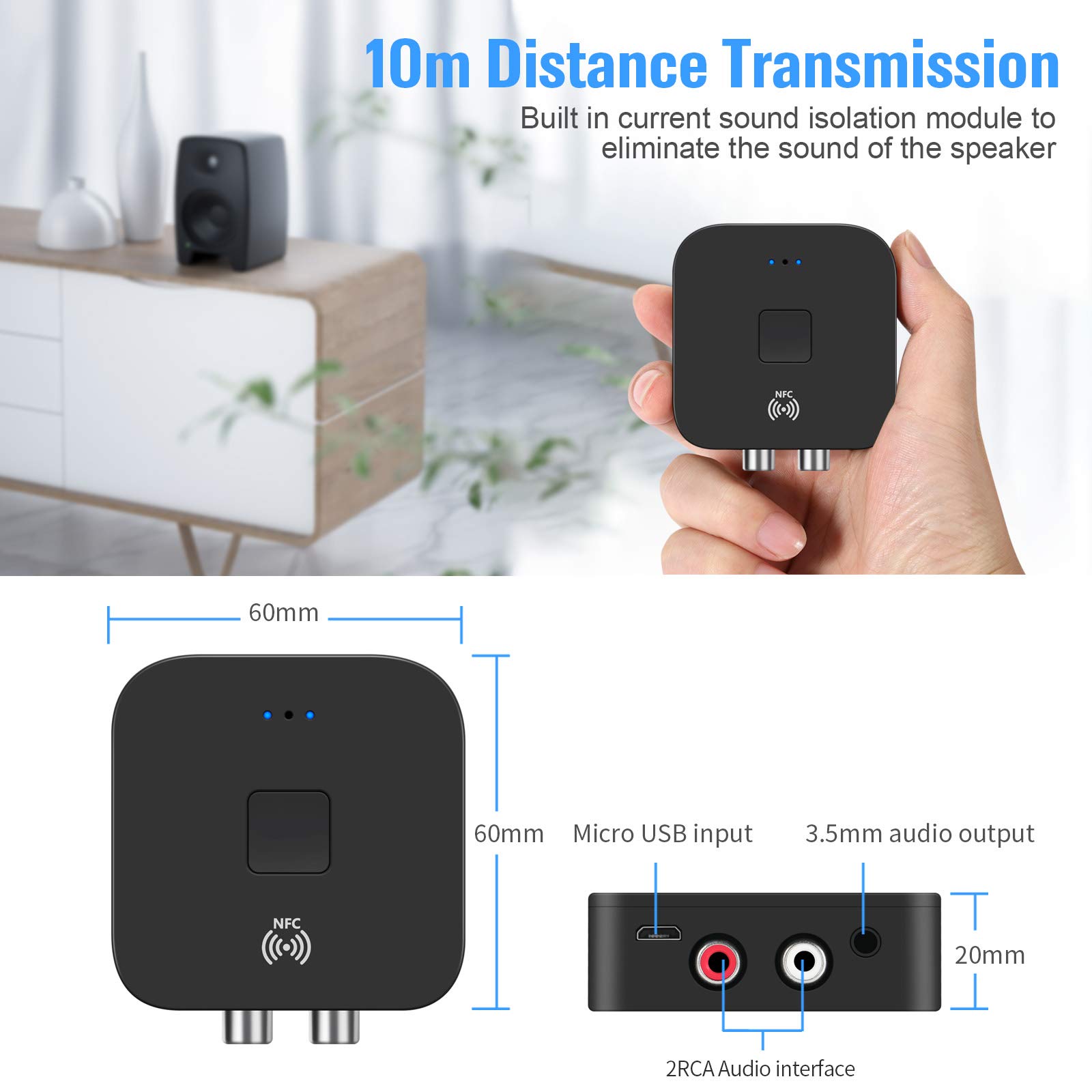 BEZO 5.0 Bluetooth Audio Receiver Adapter,NFC Wireless Bluetooth Extender,3.5mm AUX or RCA Input Speaker,Amplifier,Car Audio,Headphone,Home Stereo Theater System,Stereo Audio Component Receivers