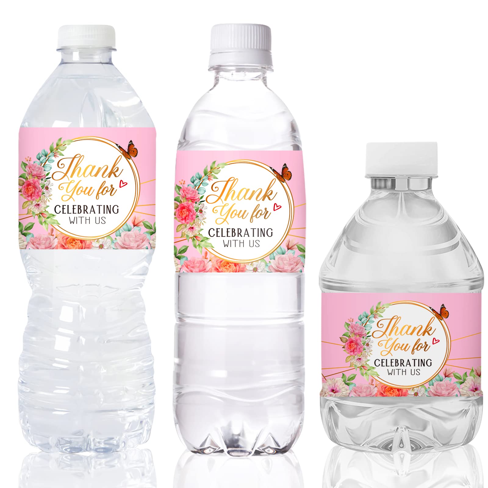 WaaHome Thank You for Celebrating with Us Water Bottle Labels Decorations, 24pcs Waterproof Pink Flower Bottle Labels Stickers for Wedding Baby Shower Bridal Shower Holiday Party Favors Supplies