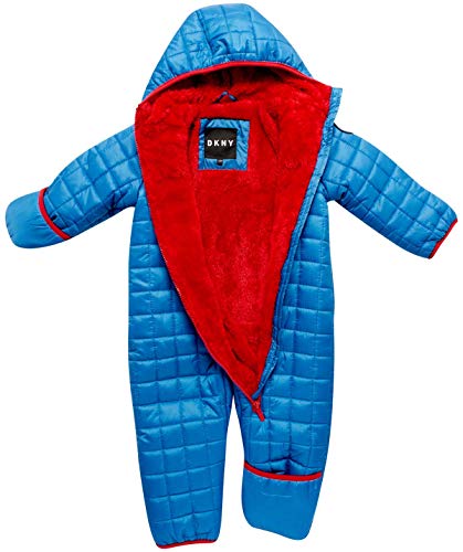 DKNY Baby Boys’ Snowsuit – Hooded Fleece Lined Warm Winter Jumpsuit – Zip Snow Pram for Newborns and Infants (0-24M), Size 3-6 Months, Blue