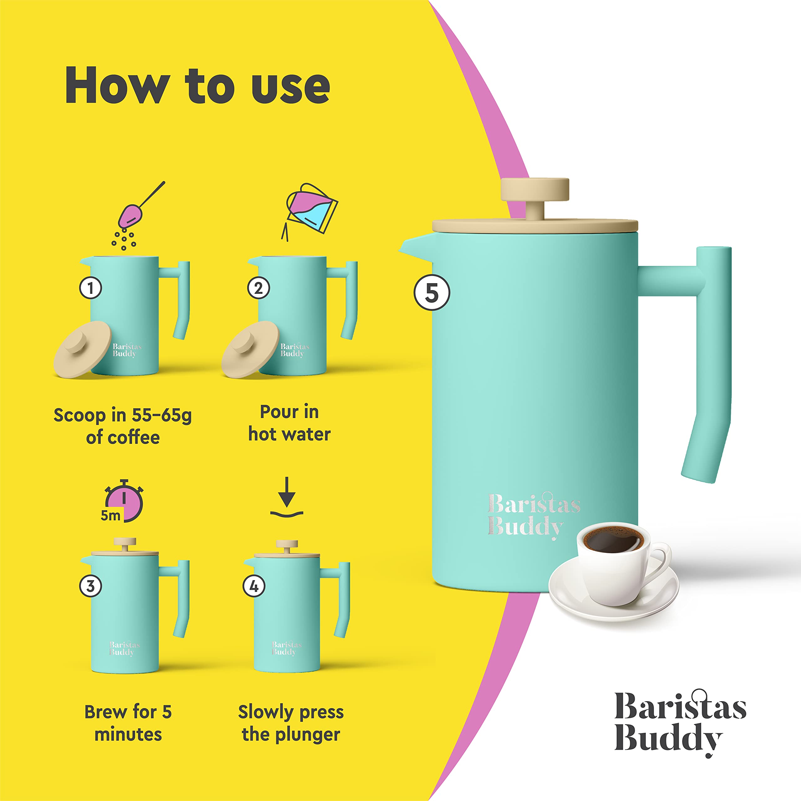 BaristasBuddy French Press Coffee Maker - Insulated, Stainless Steel Manual Coffee Makers For Home, Office Or Camping - Large 34oz Capacity For 4 Cups