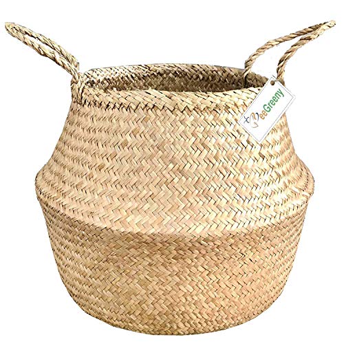 BeeGreeny Seagrass Belly Basket | Handwoven Foldable Storage Basket with Handles for Laundry, Picnic, Pot Cover, Decor | Natural, Eco-Friendly Household Items