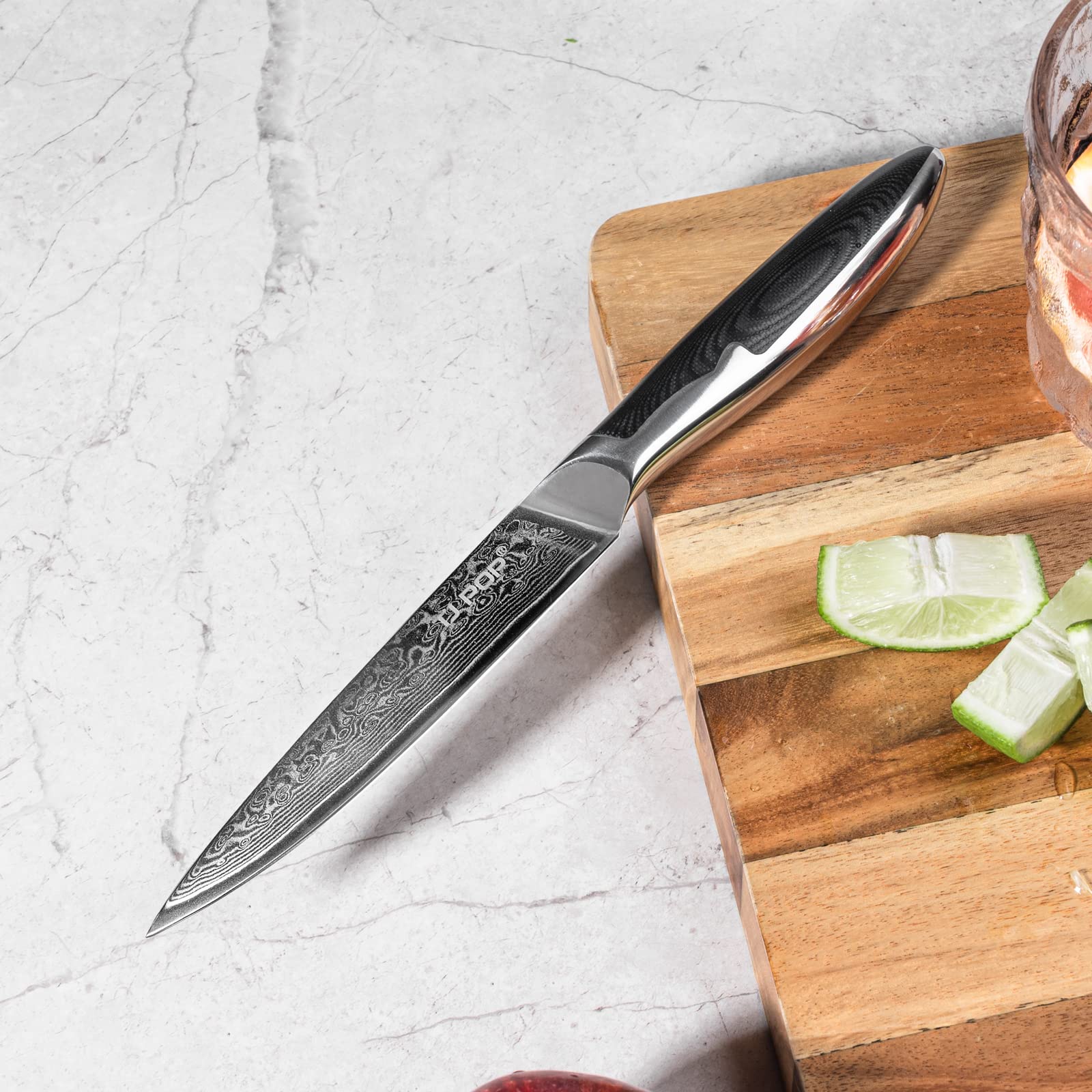 TJ POP Damascus Kitchen Utility Knife 5 Inch, Ultra Sharp Petty Chef Knife, Full-tang Knife, Japanese VG10 Steel Blade, Comfort Grip Non-slip G10 Handle