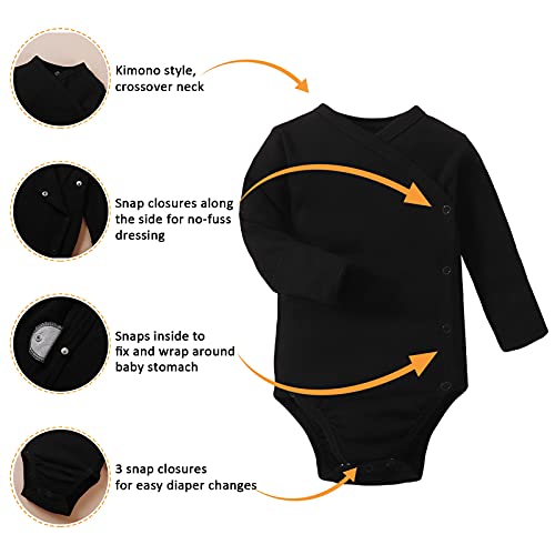 DEFAHN Baby Side Snap Kimono Bodysuit Long Sleeve with Mitten Cuffs 100% Cotton 3-Pack Unisex Onsies for Newborn Boy Girl (3Pc BK-WH-GY, Newborn)