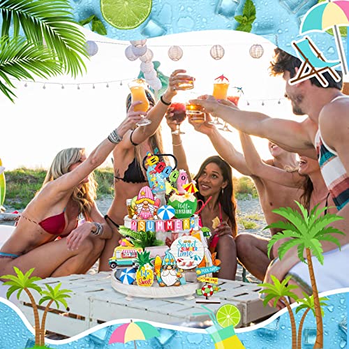 21 Pcs Summer Hawaii Tiered Tray Decor Sign Pool Summer Farmhouse Decor Rustic Beachy Decor Wooden Summer Home Decorations Including Gnome Beaded Garland for Home Kitchen Shelf Table (Hawaii Style)
