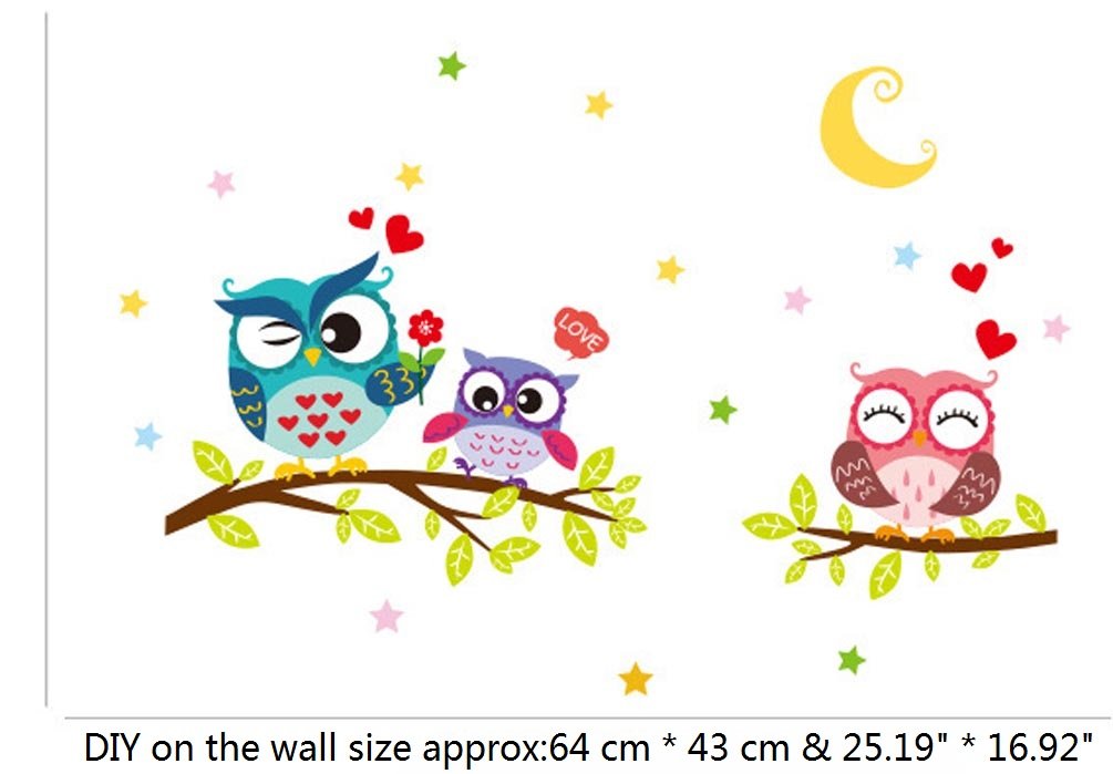 BIBITIME Night Moon Star Sky Wall Sticker Love Family Owls on The Tree Branch Wall Decal for Nursery Bedroom Kids Room Decor,25.19" x 16.92"