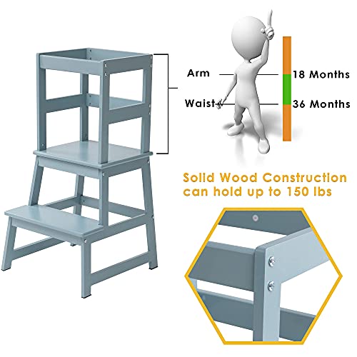 Kitchen Step Stool for Toddlers and Kids with Safety Rails for Kitchen Counter Solid Wood (Baby Blue)