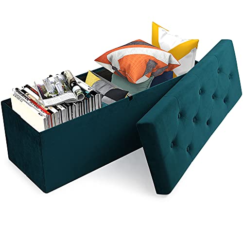 YITAHOME 43 Inches Folding 120L Storage Ottoman Bench, Velvet Footrest with 35mm high Elasticity Sponge seat and Metal Frame for Sturdiness- Holds Upto 680 Lbs (Dark Teal)