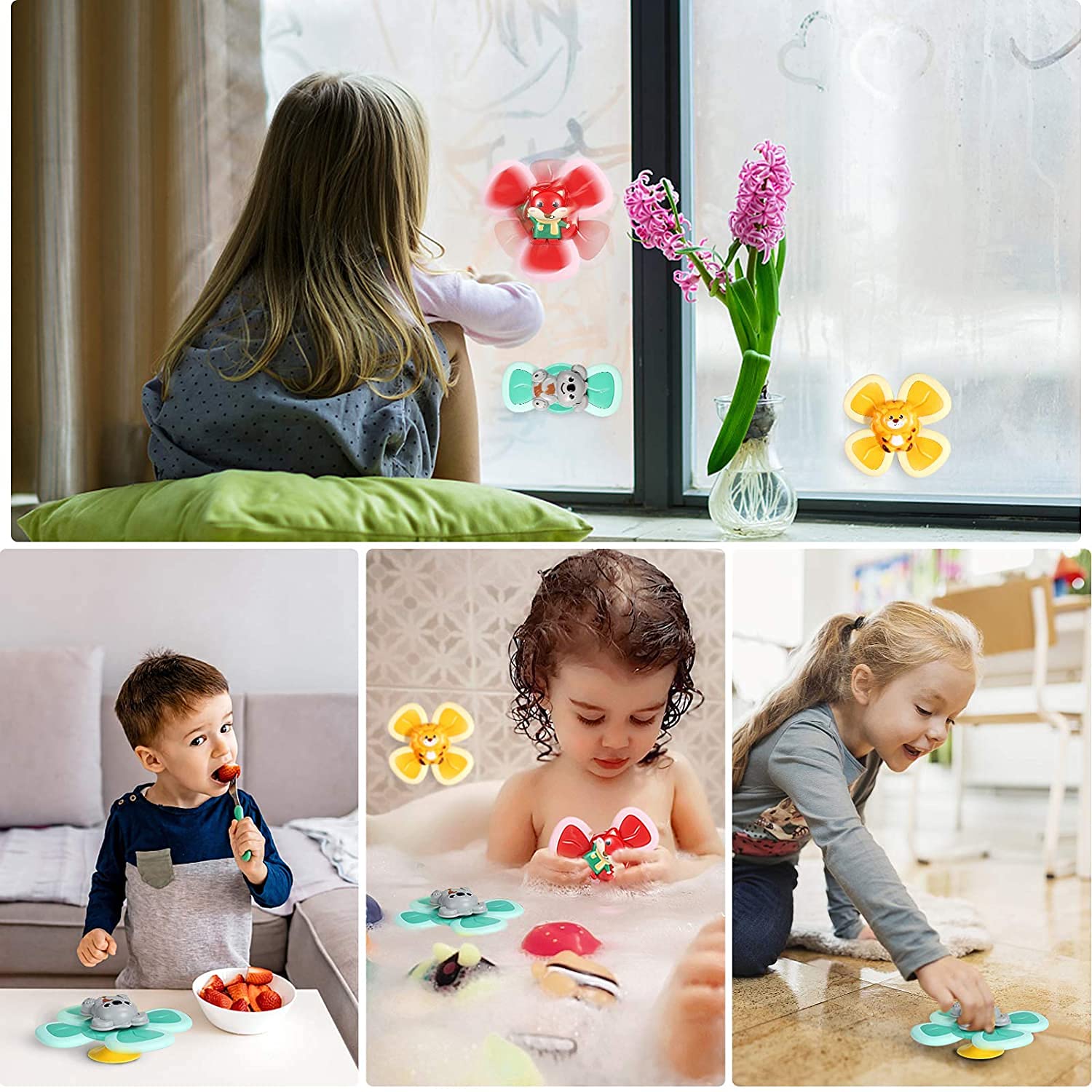 KLQQLK Suction Cup Spinning Top Toy,Suction Cup Toy,Safe Interesting Table Sucker Gameplay Early Learner Spinning topToys can be sucking glass, walls, seats, bathtubs, etc(Pack of 3)