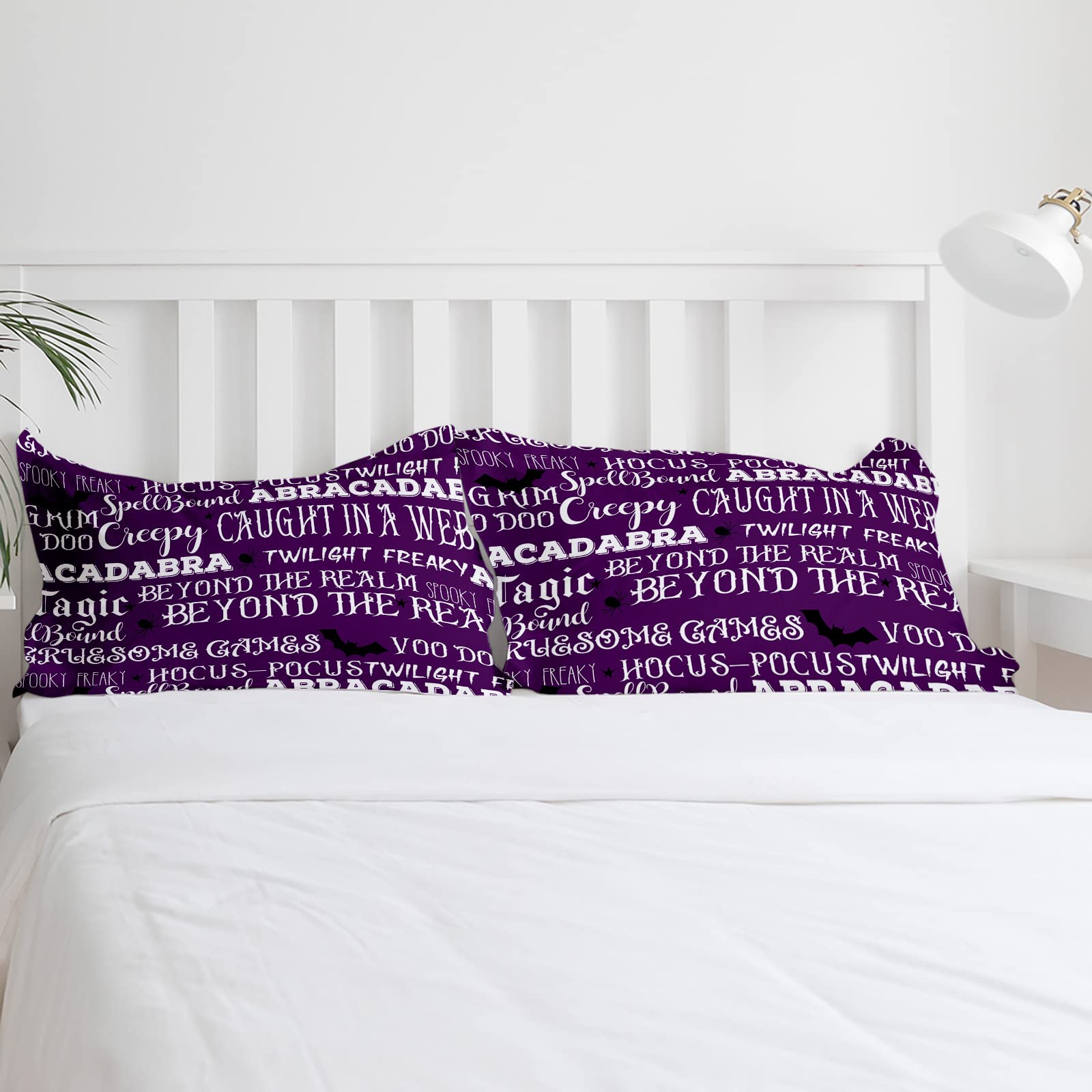 ZOE GARDEN Purple Halloween Duvet Cover Set Queen Size, Black White Bat SPI-der Hocus-Pocus Zipper Closure Microfiber Soft Comforter Patterned Bed Quilt Duvet+Cover, Flat Sheet, Pillowcases with Ties