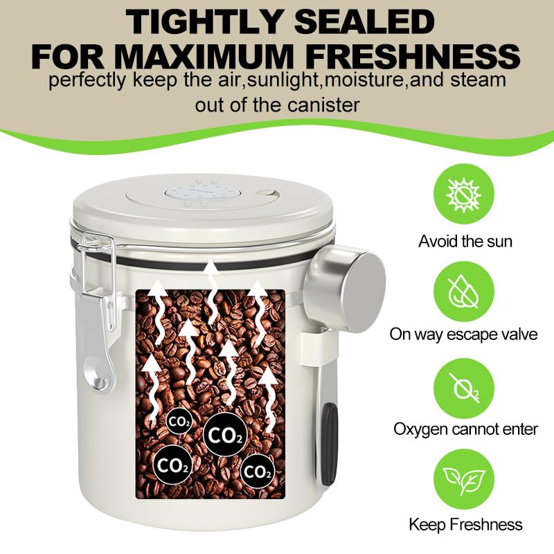 AIANDE 3 in 1 Coffee Canister,Milk frother pitcher 12oz, Stainless Steel Canisters With Airtight Lids Storage Coffee Tank With Scoop (1.5LWhite)