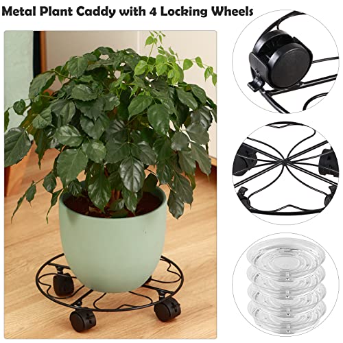 4 Packs Metal Plant Caddy with Wheels 12β Heavy-Duty Wrought Iron Rolling Plant Stands with Casters Indoor and Outdoor Plant Pot Roller Base Plant Movers Saucers with Wheels, Glossy Black