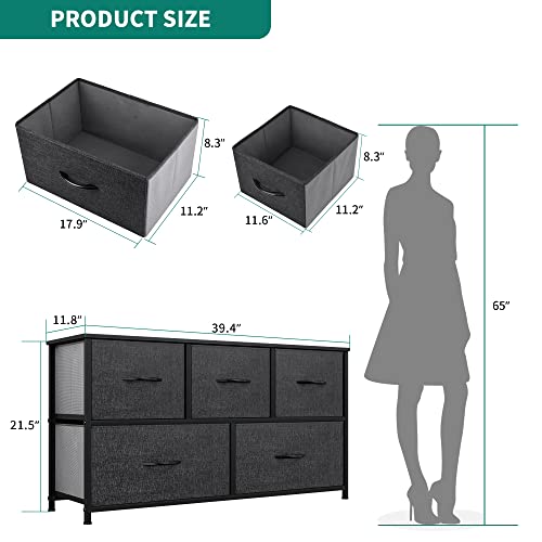YITAHOME Wide Storage Tower with 5 Drawers - Fabric Dresser, Organizer Unit for Bedroom, Living Room, Closets & Nursery - Sturdy Steel Frame, Easy Pull Fabric Bins & Wooden Top (Black/Grey)