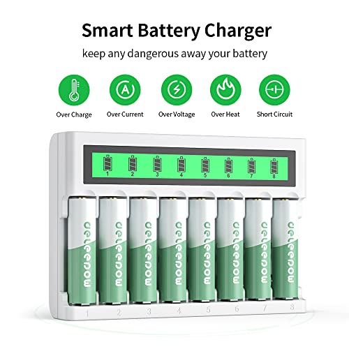 Deleepow 3200mAh Ni-MH AA Rechargeable Batteries High Capacity 8 Pack AA Batteries and 8-Bay AA AAA Individual Rechargeable Battery Charger