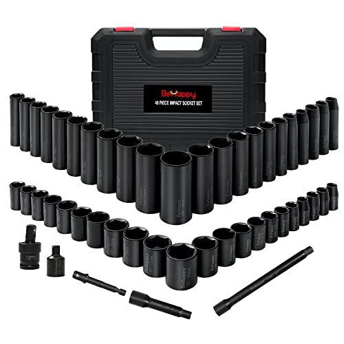 BeHappy 3/8" Impact Socket Set, 49Pcs Socket Set, Drive Impact Socket Set includes Metric (8-22mm) and SAE Socket Set (5/16"-3/4"), Deep/Standard, Cr-V, 6 Point,Extension Bars,Universal Joint,Adaptor