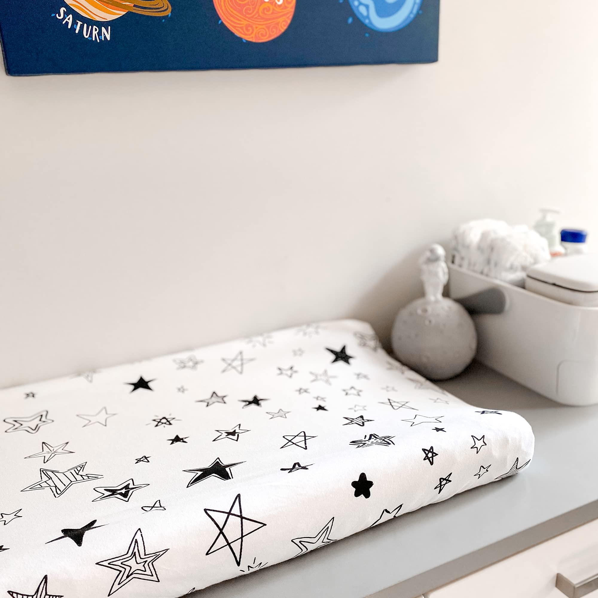 Norani Baby Changing Pad Cover | Softest Organic Cotton | Diaper Changing Pad Cover | Fitted | Infant and Toddler | Black and White Stars