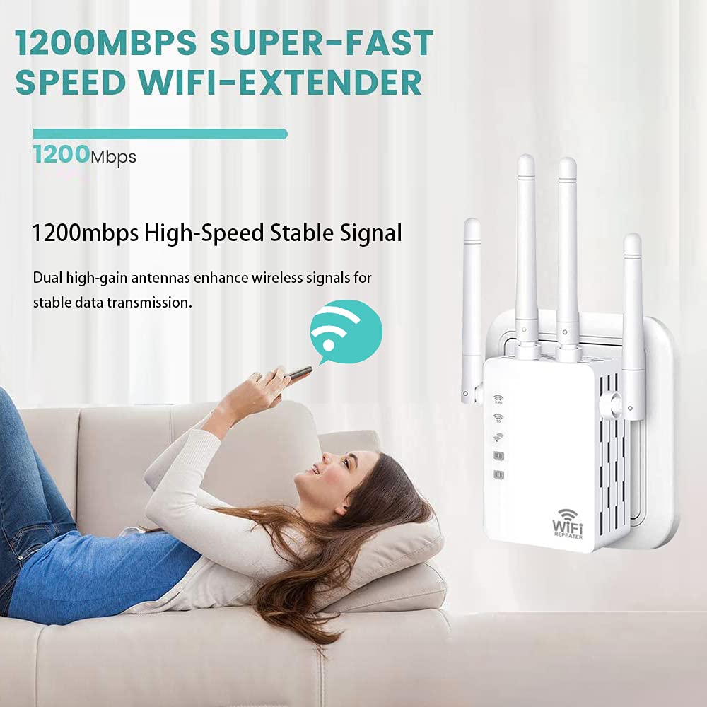 2023 WiFi Extender - Wireless Signal Repeater Booster up to 9800 sq.ft - 1200Mbps Wall-Through Strong WiFi Booster-Dual Band 2.4G and 5G - 4 Antennas 360° Full Coverage