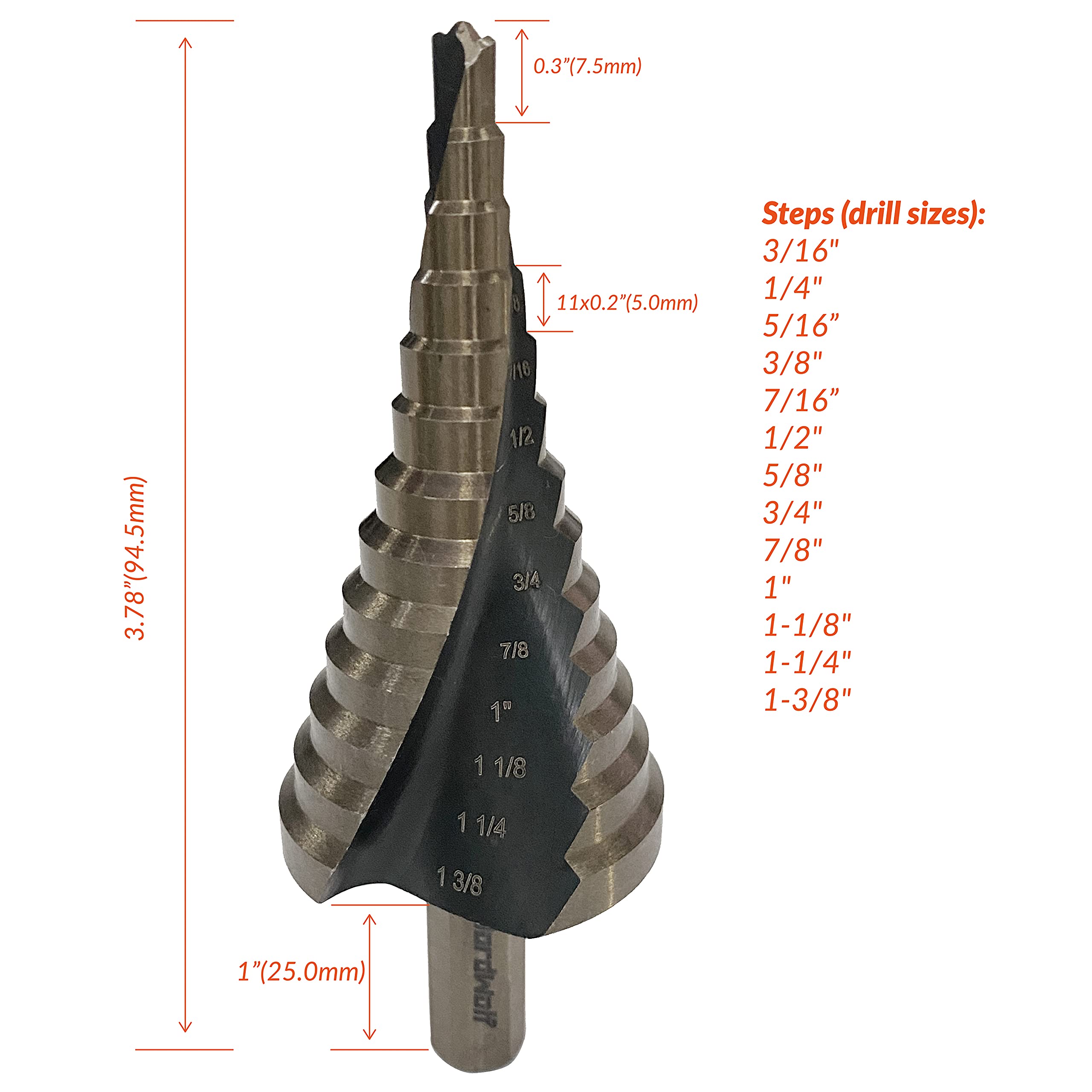 NordWolf M35 Cobalt SAE Step Drill Bit, Spiral Groove Double Flute Multiple Hole Unibit for Stainless Steel & Metal Sheet, 13 Imperial Step Sizes 3/16" to 1-3/8"