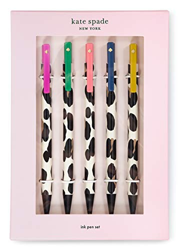Kate Spade New York Black Ink Pen Set of 5, Cute Leopard Click Pens, Plastic Retractable Pens for Writing and Journaling, Forest Feline