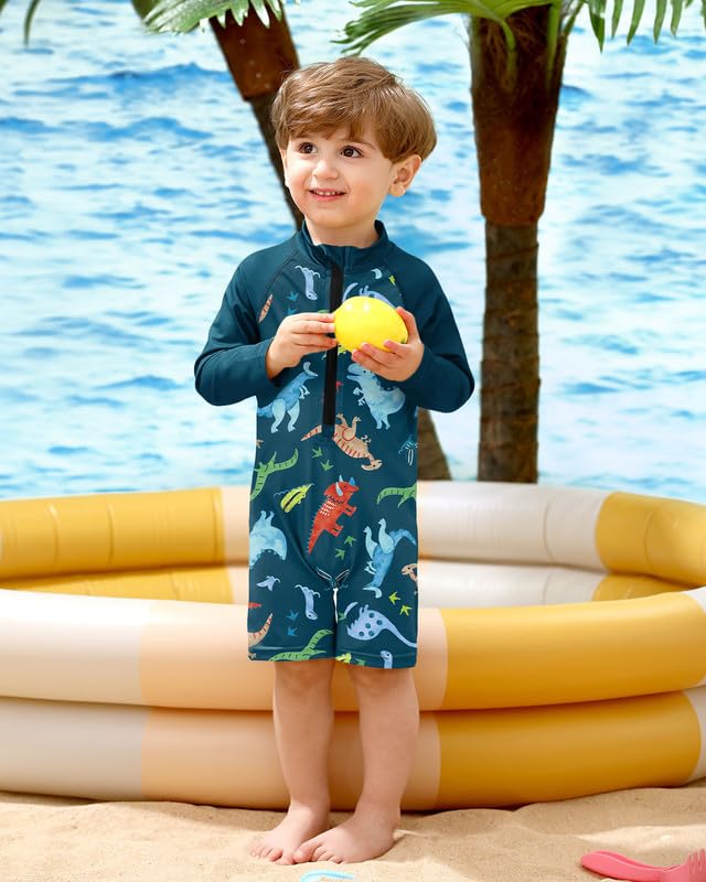 BesserBay Long Sleeve One Piece Rashguard UPF 50+ Dinosaur Navy Zip Up Swimwear for Baby Boy 18-24 Months