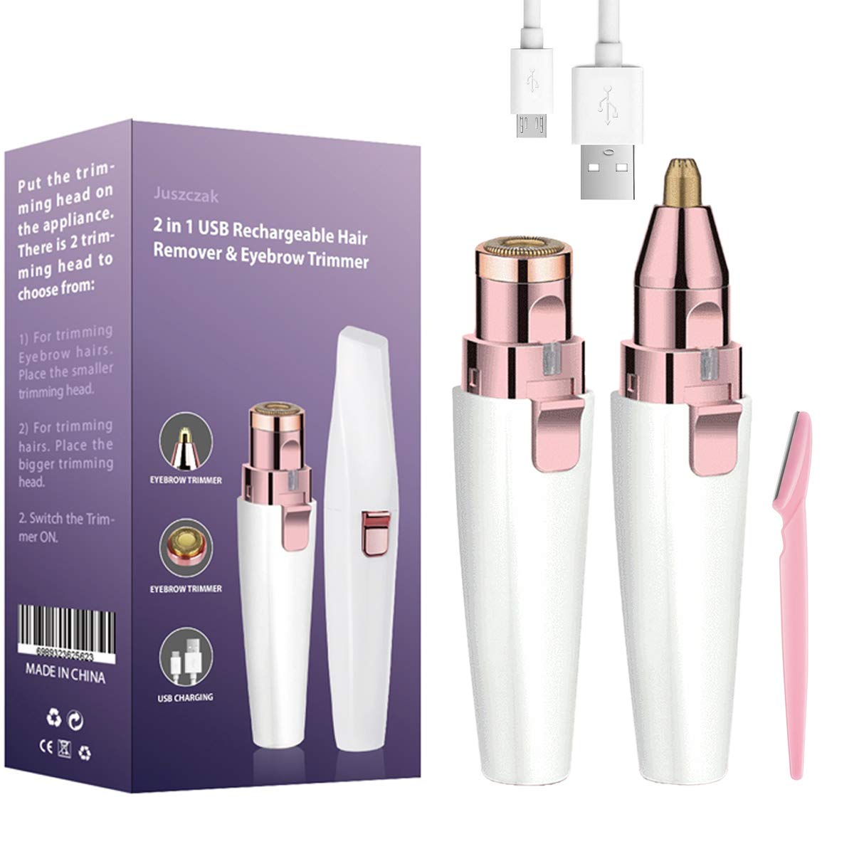 Juszczak Women's Rechargeable Eyebrow Trimmer, 2-in-1 Painless Hair Remover and Razor, with LED Light, Portable and Convenient