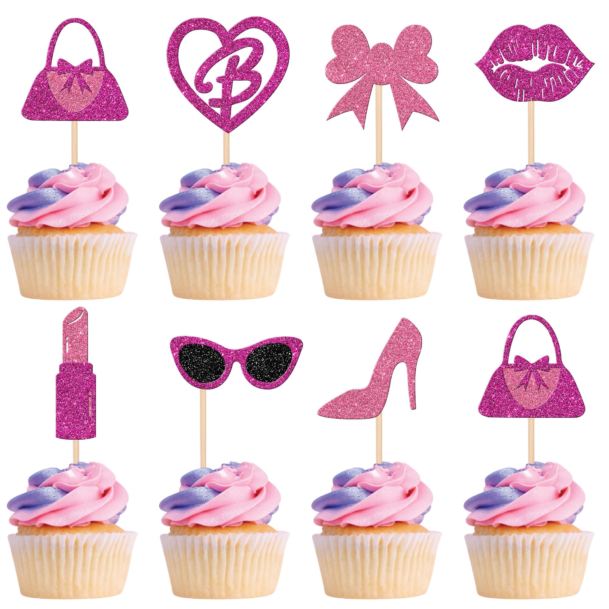 24 PCS Princess Cupcake Toppers Glitter Pink Girl Cupcake Picks Handbag Glasses Bow Lipstick Tie High Heel Cake Decorations for Wedding Bridal Shower Baby Shower Birthday Party Supplies Rose Red