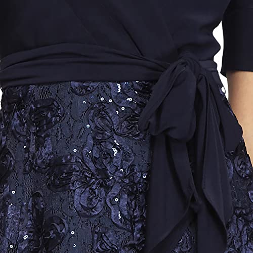 Alex Evenings Women's Tea Length Jersey and Rosette Lace Dress (Petite and Regular), Navy Tie Front, 6