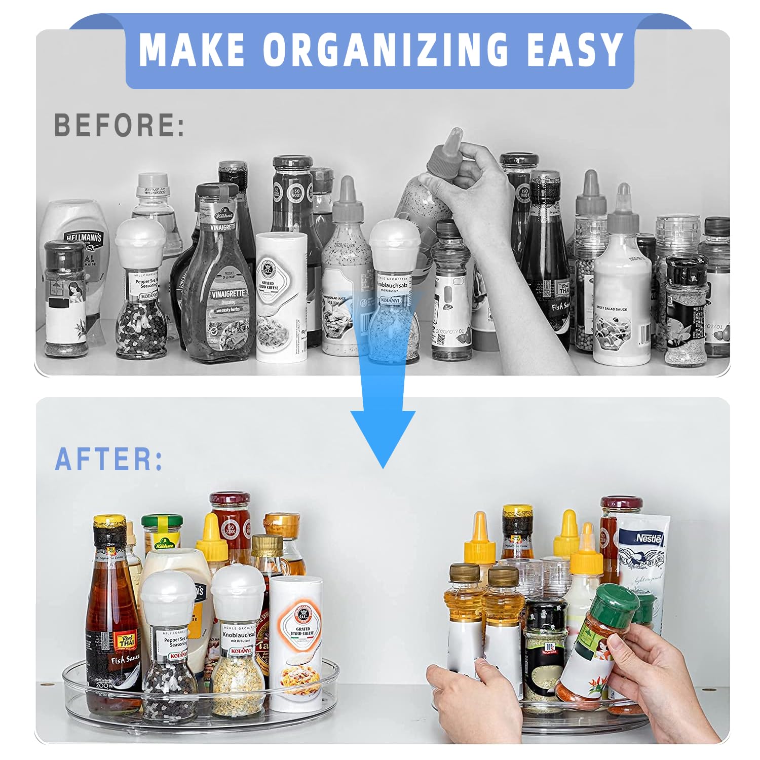 2 Pack | 10.6" SissiJohoy Lazy Susan Turntable Organizer for Kitchen Cabinet Pantry Refrigerator Countertop Dresser, Clear