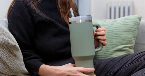 40oz Tumbler with Handle and Straw, Stanley Cup Dupes, Leak Resistant Lid, Insulated Cup, Maintains Cold, Heat, and Ice for Hours (Dune)