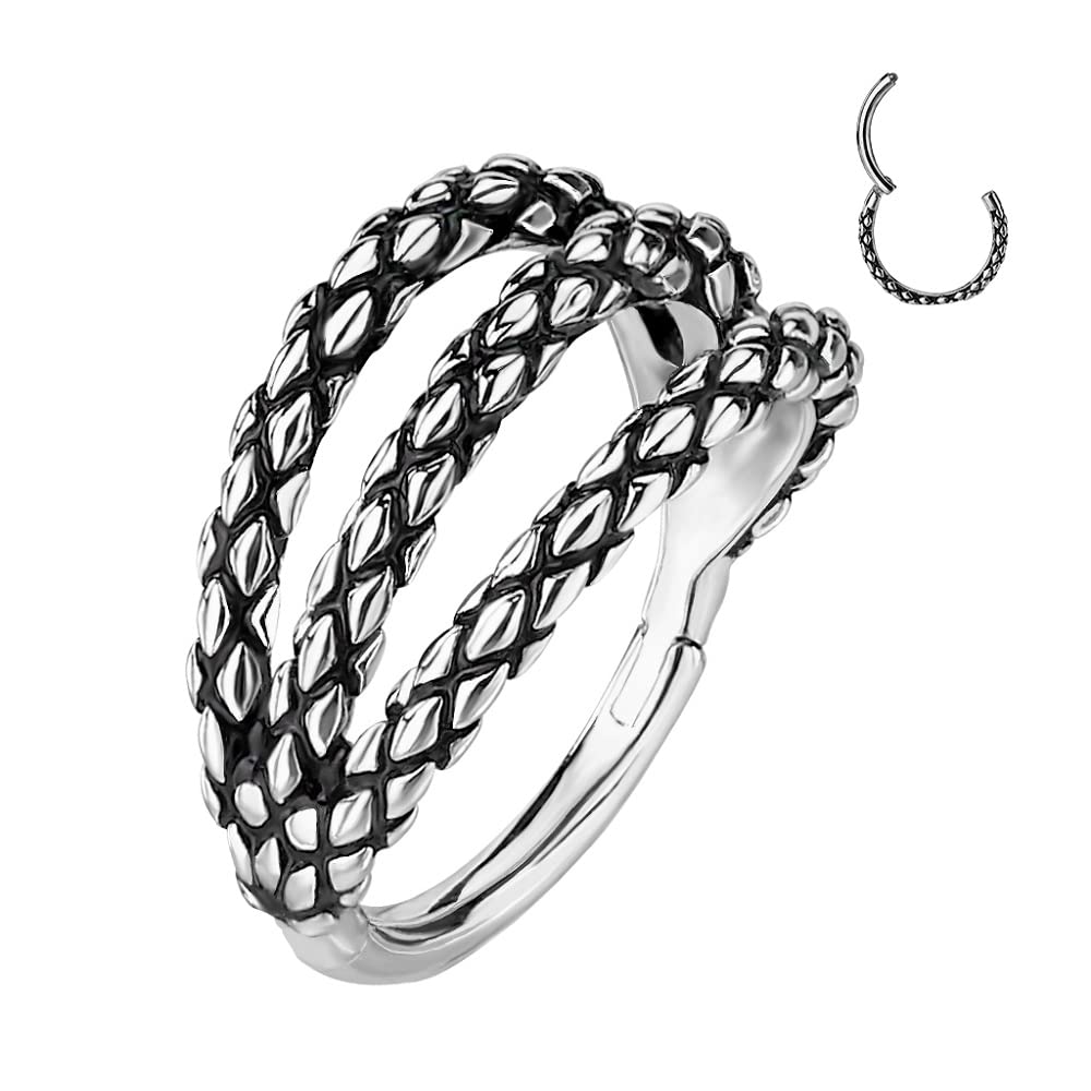16GA Precision All 316L Stainless Steel Oxidized Lizard Skin Patterned Triple Hoop Hinged Segment Ring (Silver Tone)