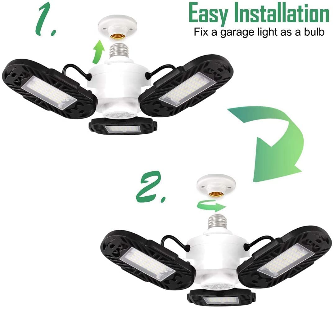 OOOLED 2 Pack LED Garage Lights, 80W LED Garage Lighting, Deformable LED Garage Lights Supporting E26 Screw Socket, 9600LM 6500K Super Bright White, LED Lights for Garage, Workshop, Basement