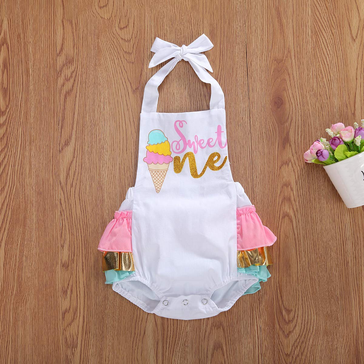 Cute Baby Girl First Birthday Outfit Halter Romper Ice Cream Cake Smash Bodysuit Sunsuit (A-White, 12-18 Months)